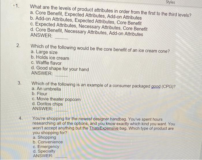 Solved -1. What are the levels of product attributes in | Chegg.com