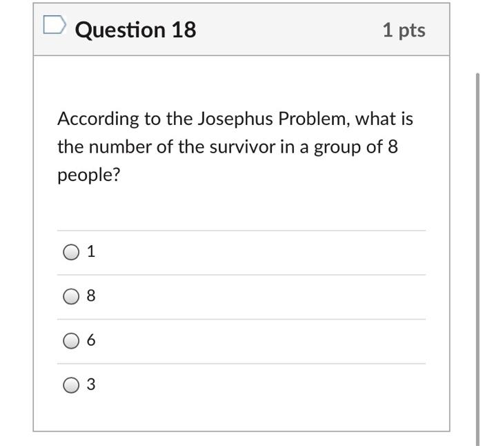 Solved Question 18 1 pts According to the Josephus Problem, | Chegg.com