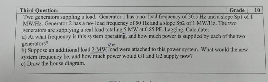 Solved Third Question: Two generators suppling a load. | Chegg.com