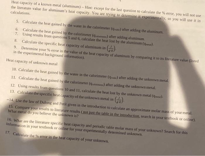 heat capacity of aluminim and an unknown metal my | Chegg.com