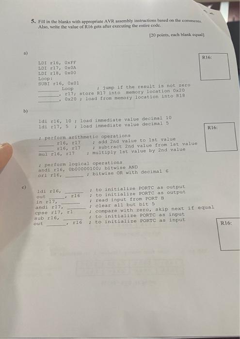 Solved 5. Fill in the blanks with appropriate AVR assembly | Chegg.com