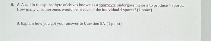 Solved 8. A. A cell in the sporophyte of chives known as a | Chegg.com