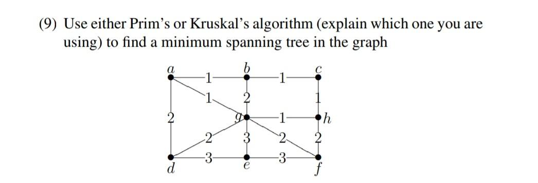 Solved (9) Use either Prim's or Kruskal's algorithm (explain | Chegg.com