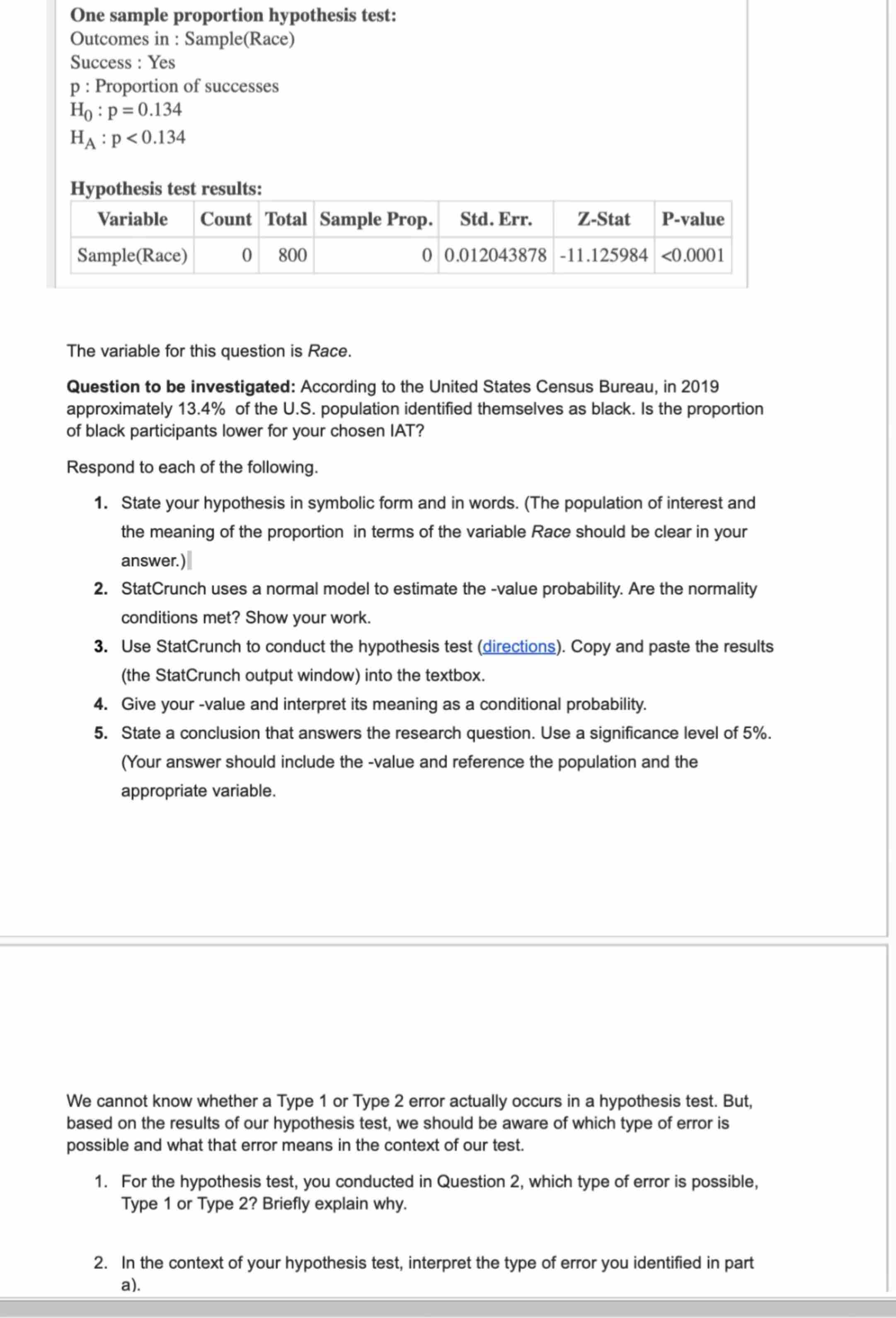 Solved One sample proportion hypothesis test: Outcomes in : | Chegg.com