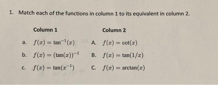 Solved 1. Match each of the functions in column 1 to its | Chegg.com