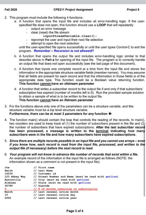 Fall 2020 CPE211 Project Assignment Project 8 Read | Chegg.com