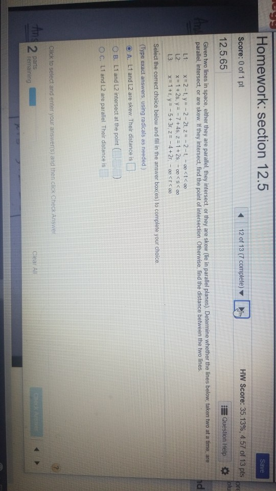 Solved 9 Homework Section 12 5 Save Score 0 Of 1 Pt 12 Of