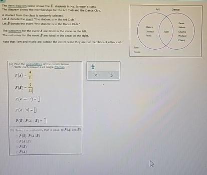 Solved the Venn diagram below shows the 11 ﻿students in Mrs | Chegg.com
