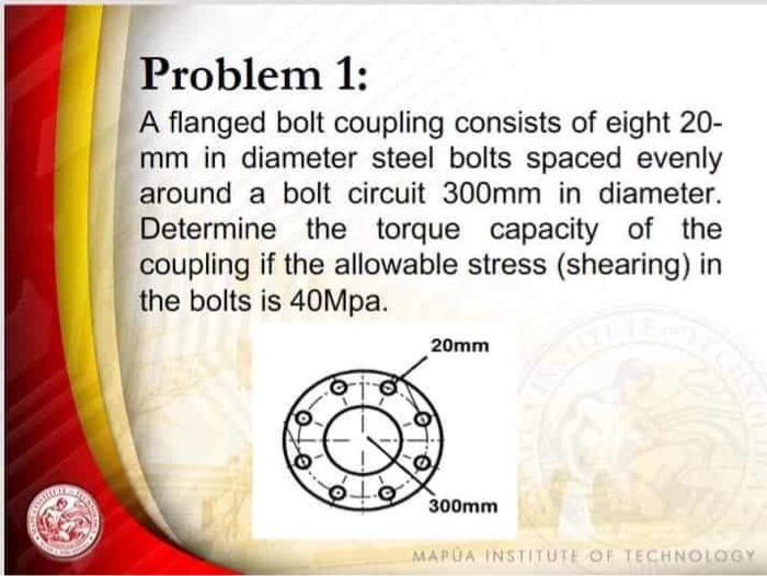 Solved Problem 1: A flanged bolt coupling consists of eight | Chegg.com Solved Problem 1: A flanged bolt coupling consists of eight | Chegg.com