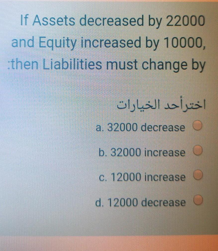 Solved If Assets decreased by 22000 and Equity increased by | Chegg.com