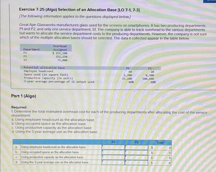 Solved Exercise 7-25 (Algo) Selection of an Allocation Base | Chegg.com