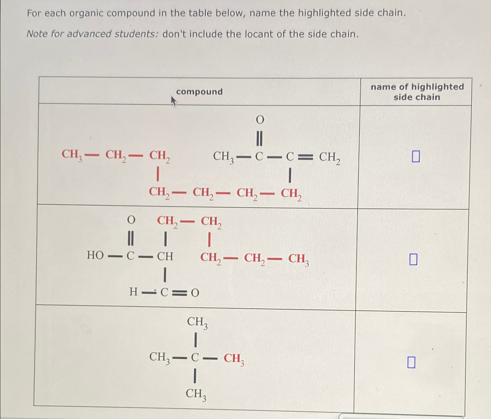 Solved For each organic compound in the table below, name | Chegg.com