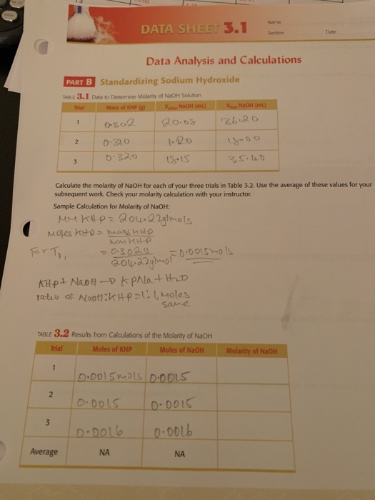 Solved DATA SHEET 3.1 Data Analysis and Calculations PART B | Chegg.com