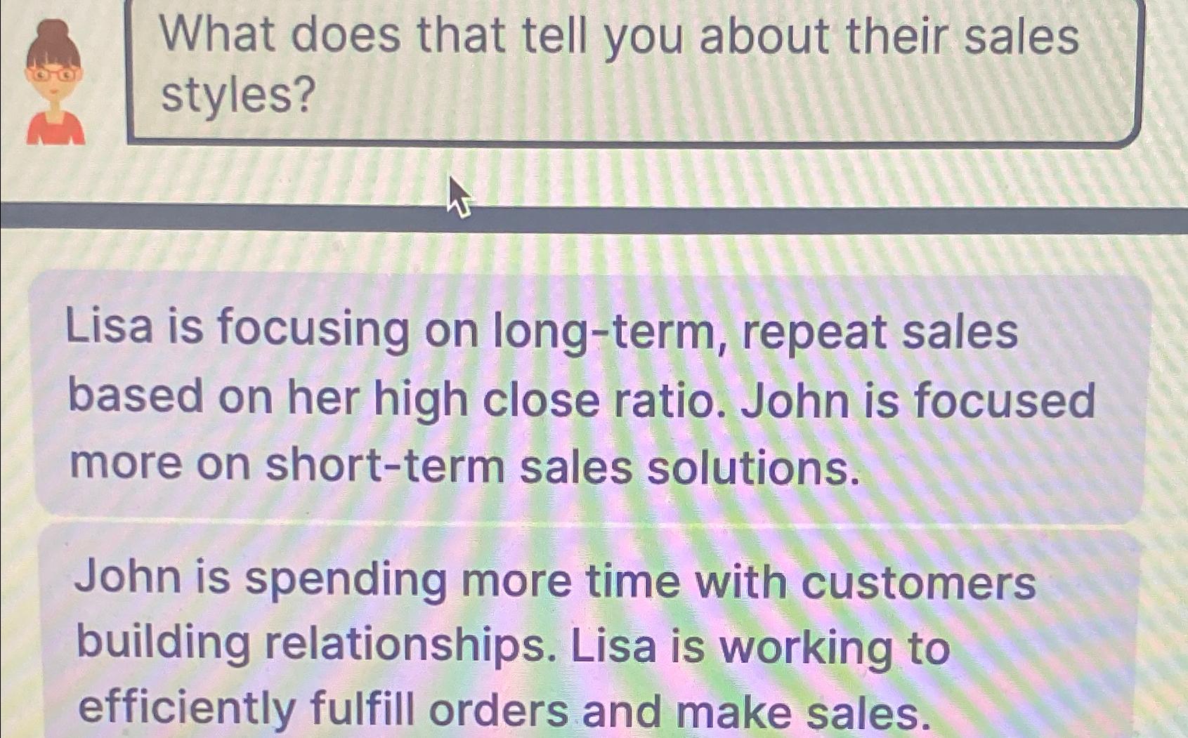 Solved What does that tell you about their sales styles?Lisa | Chegg.com