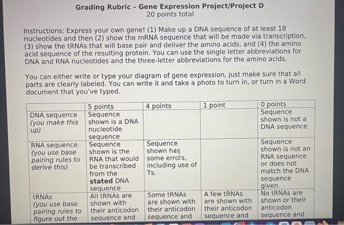 Solved Grading Rubric - Gene Expression Project/Project D 20 | Chegg.com