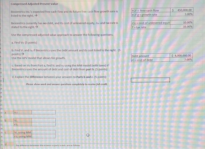 Compressed Adjusted Present Value $ FCF free cash | Chegg.com