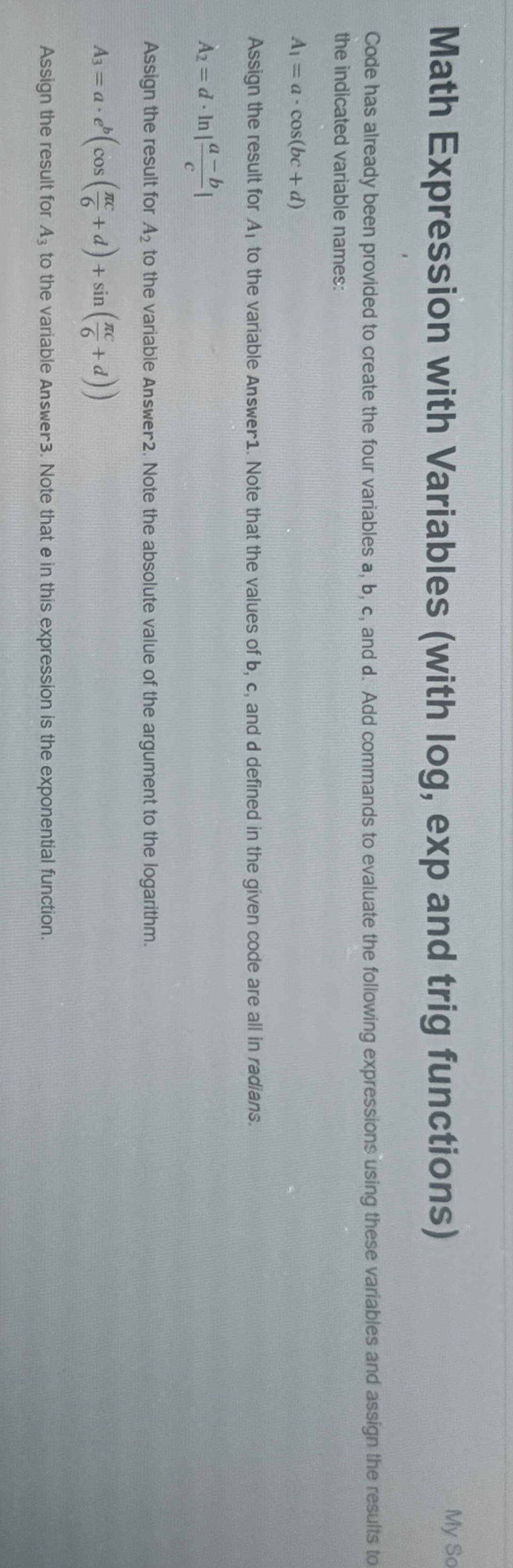 Solved Math Expression with Variables (with log, ﻿exp and | Chegg.com