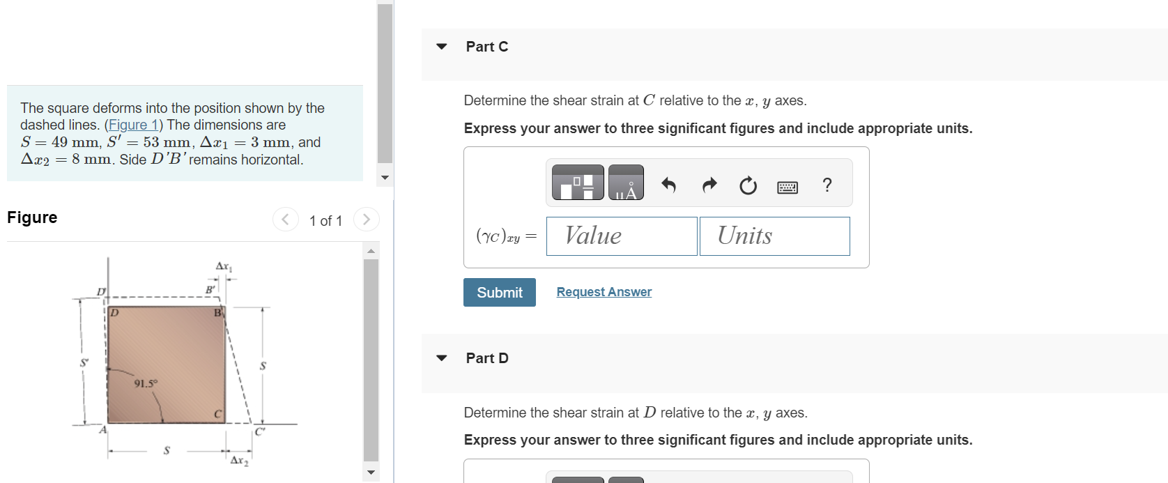 Solved Part CThe square deforms into the position shown by | Chegg.com