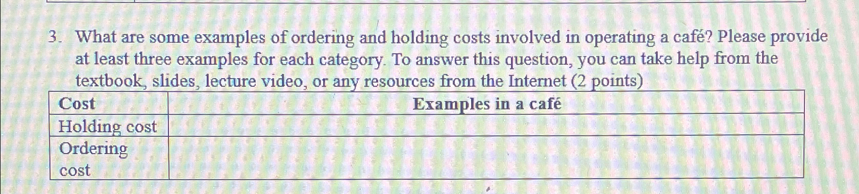 Solved What are some examples of ordering and holding costs | Chegg.com