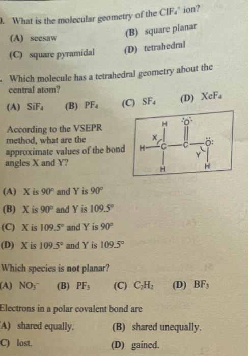 Solved What is the molecular geometry of the CIF4+ion? (A) | Chegg.com