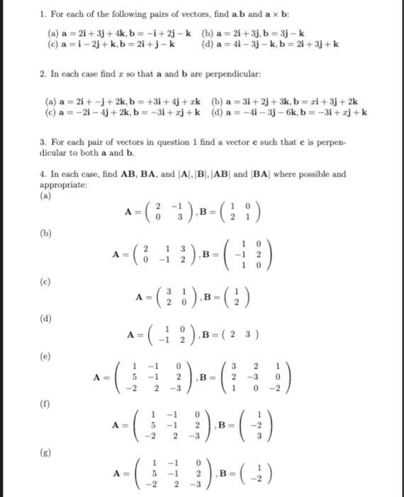 Solved 1. For each of the following pairs of vectors, find | Chegg.com