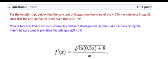 Solved Question 3Retaken1 / 1 ﻿pointFor the fonction f'(x) | Chegg.com