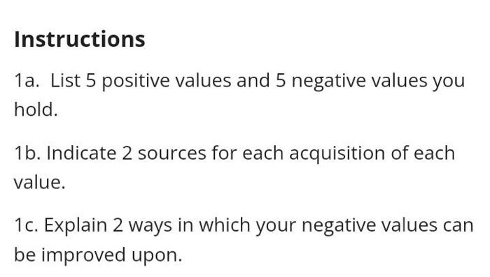 Solved Instructions 1a. List 5 positive values and 5 | Chegg.com