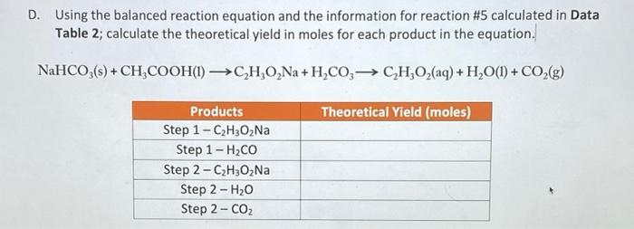 Solved D. Using the balanced reaction equation and the | Chegg.com