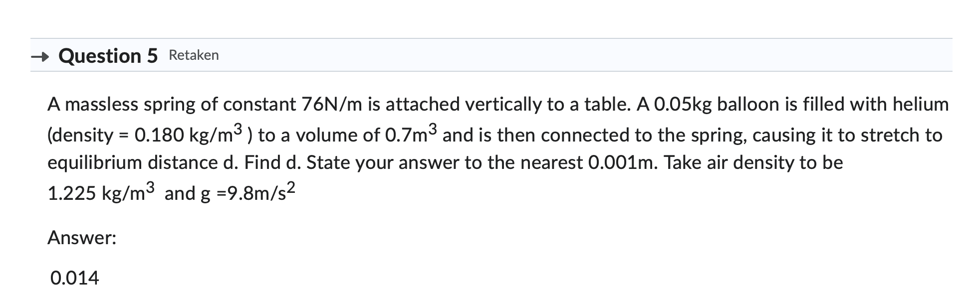 Solved Question 5RetakenA massless spring of constant 76Nm | Chegg.com