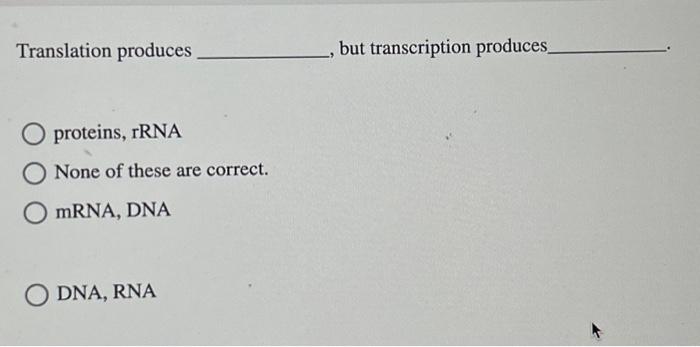 Solved Translation produces proteins, rRNA O None of these | Chegg.com