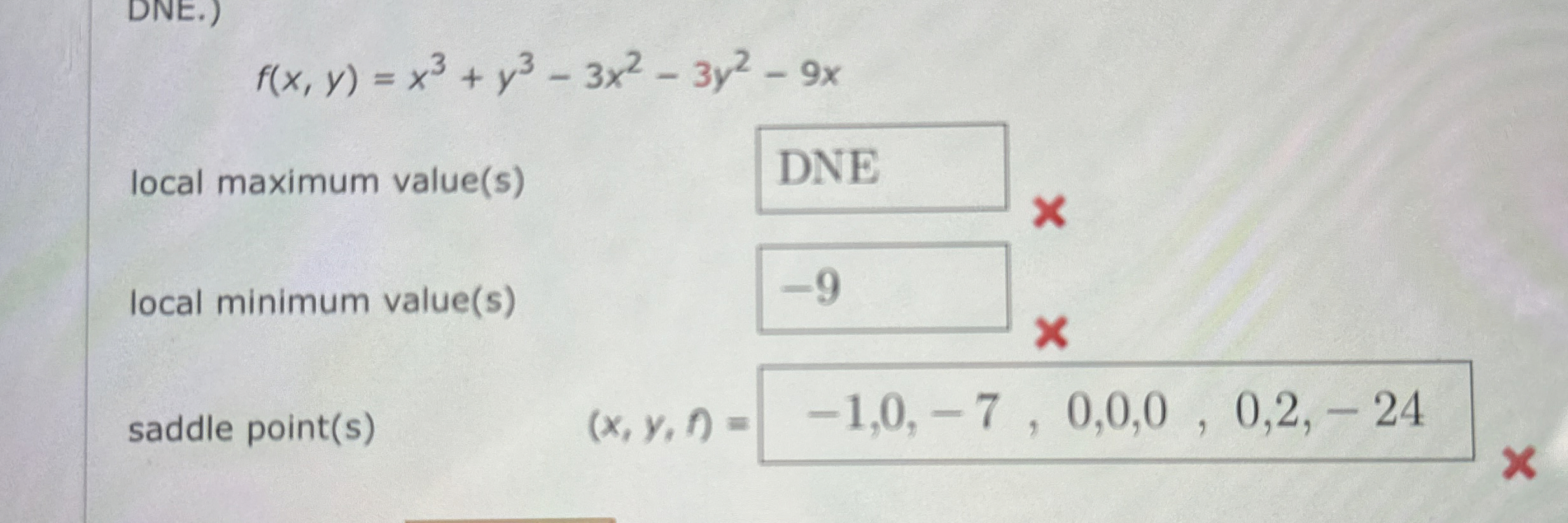 Solved DNE.)f(x,y)=x3+y3-3x2-3y2-9xlocal maximum | Chegg.com