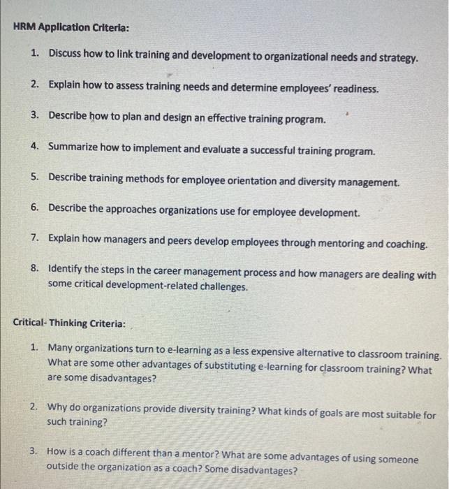 HRM Application Criteria: 1. Discuss how to link | Chegg.com
