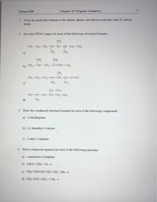 Solved Chem 1000 Chapter 19 Organic Chemistry 1. Write the | Chegg.com