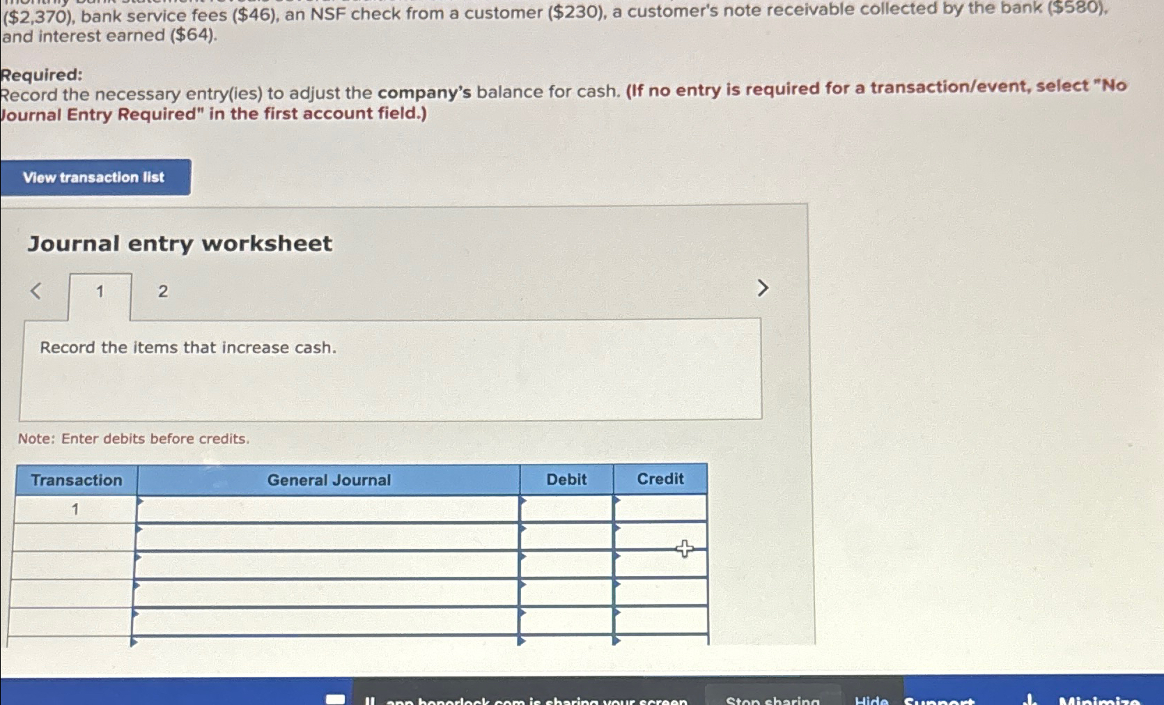 Solved ($2,370), ﻿bank service fees ($46), ﻿an NSF check | Chegg.com