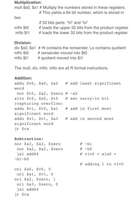 Multiplication: mult $s0, $s1 # Multiply the numbers | Chegg.com