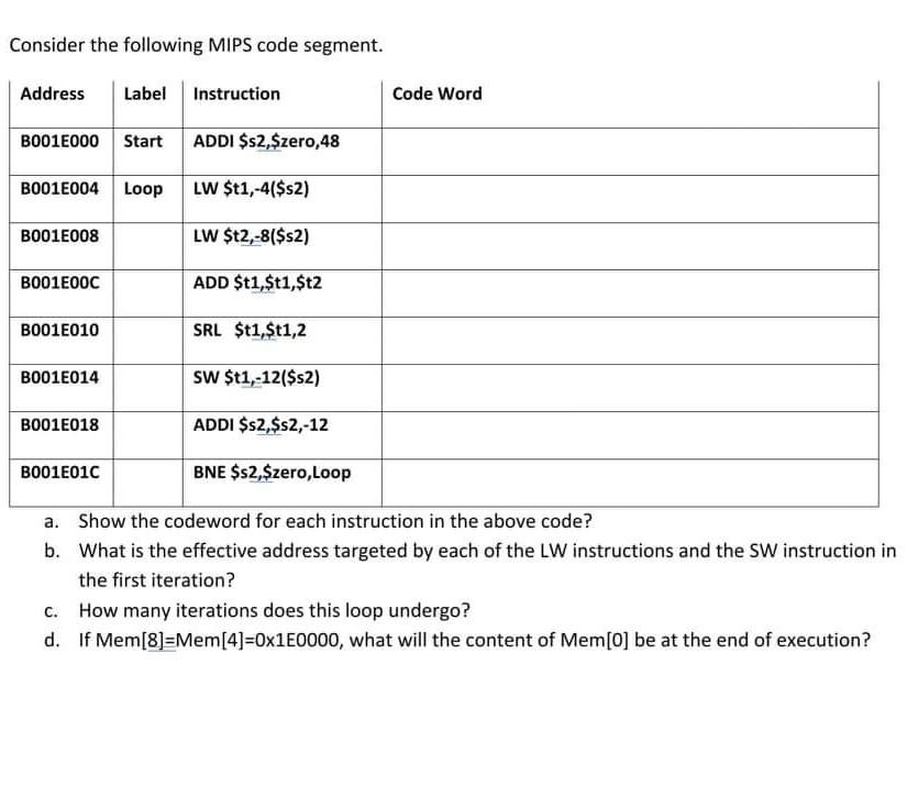 Solved Consider the following MIPS code segment. Address | Chegg.com
