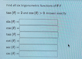Solved Find all six trigonometric functions of θ ﻿iftan(θ)=2 | Chegg.com