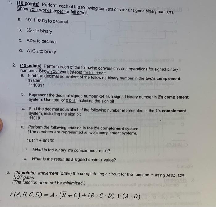 Solved 1. (10 points) Perform each of the following | Chegg.com