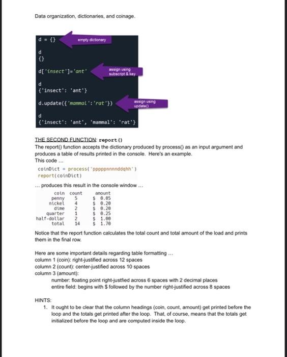 Solved Data organization, dictionaries, and coinage. | Chegg.com