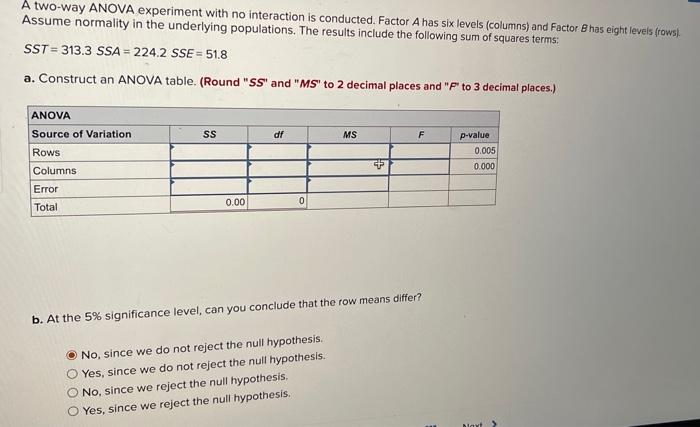 Solved A two-way ANOVA experiment with no interaction is | Chegg.com