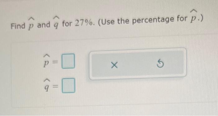 Solved Find p^ and q^ for 27%. (Use the percentage for p.) | Chegg.com