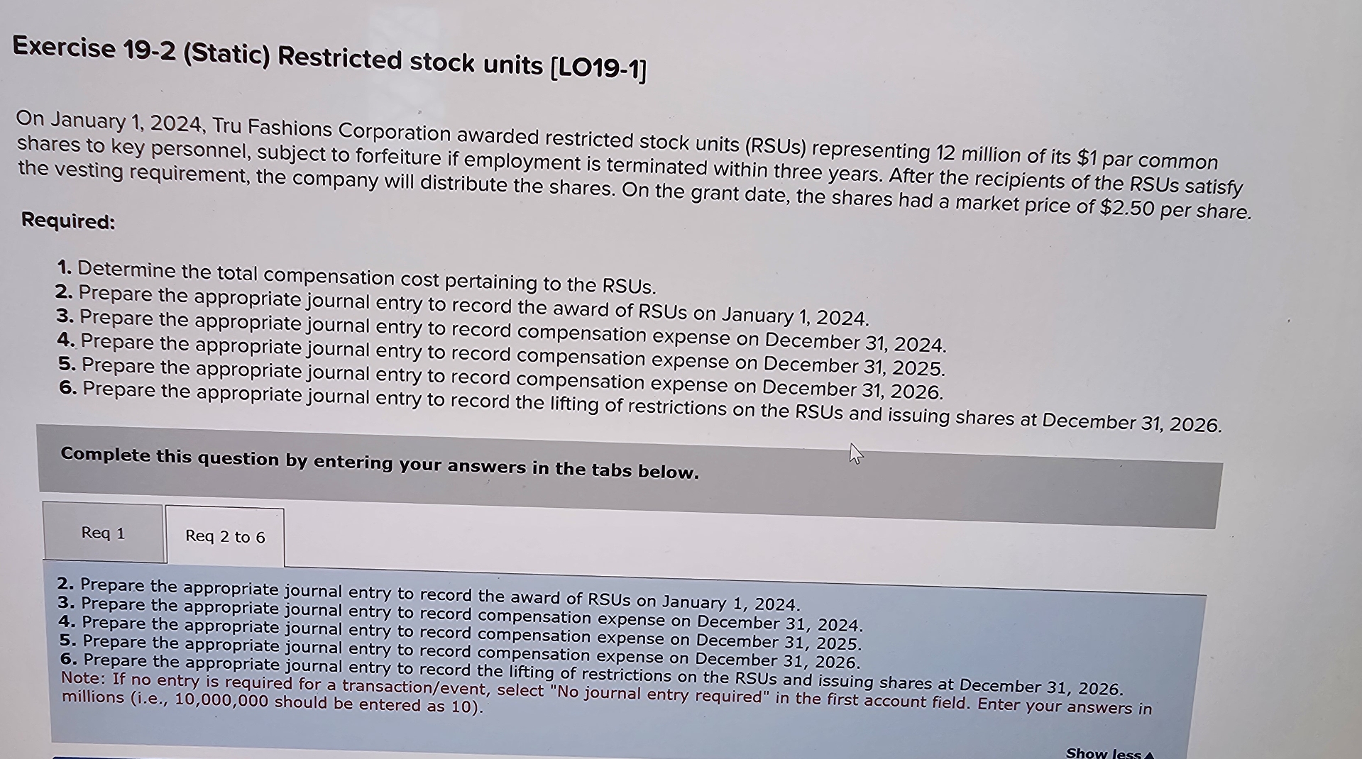 Solved Exercise 19-2 (Static) ﻿Restricted stock units | Chegg.com
