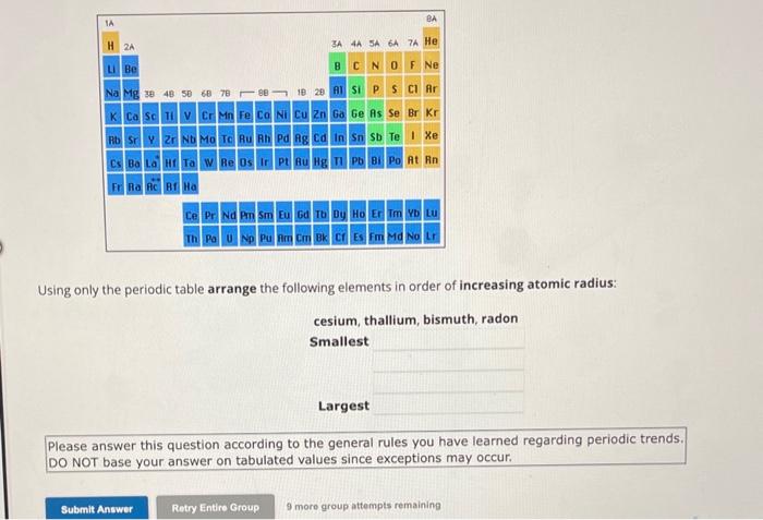 Solved Using only the periodic table arrange the following | Chegg.com
