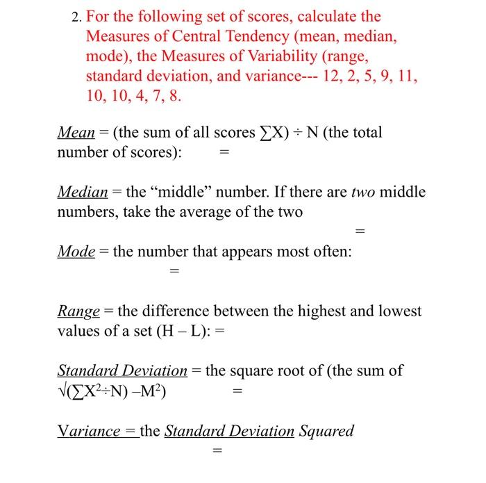 2. For the following set of scores, calculate the | Chegg.com