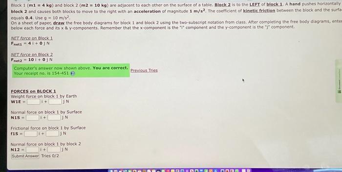 Solved Block 1( m1=4 kg) and block 2( m2=10 kg) are adjacent | Chegg.com