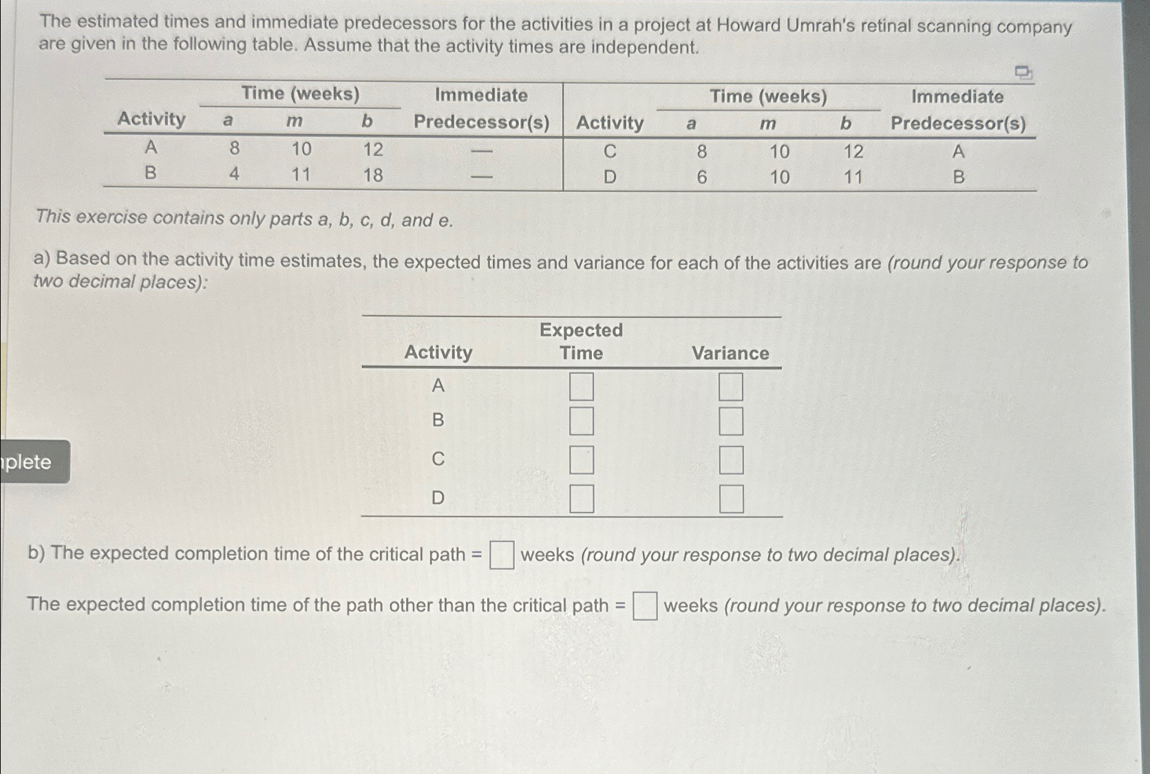 Solved The estimated times and immediate predecessors for | Chegg.com