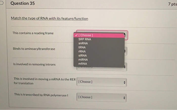 Solved Question 35 7 pts Match the type of RNA with its | Chegg.com