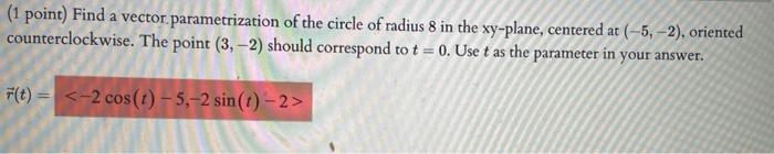 Solved (1 point) Find a vector parametrization of the circle | Chegg.com