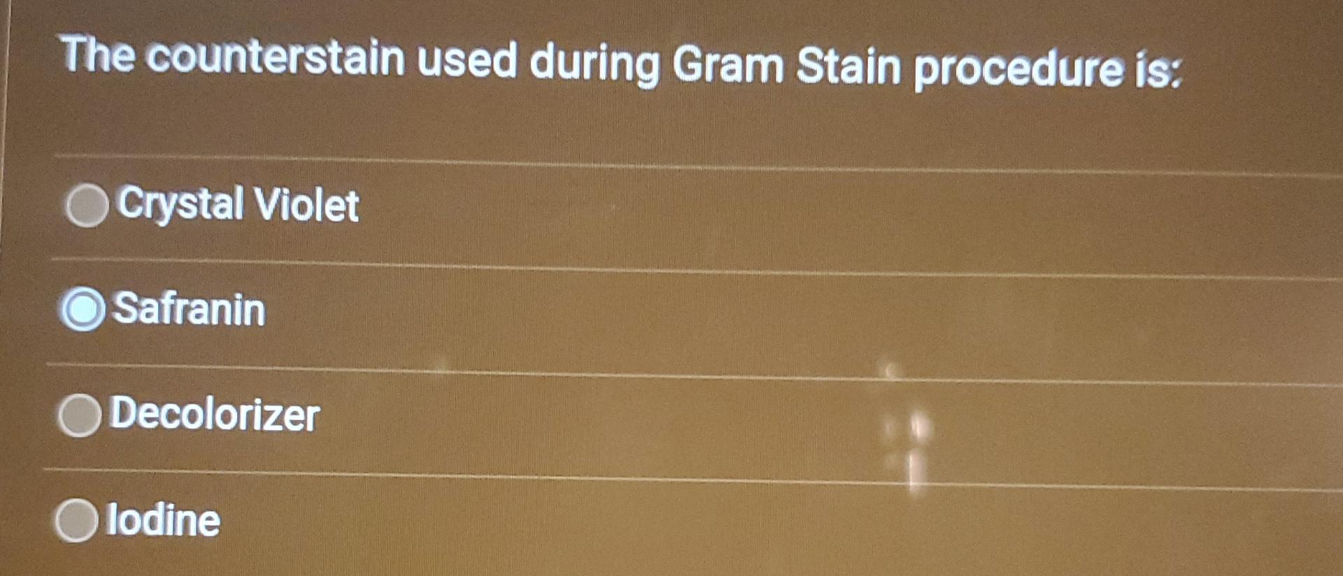 Solved The counterstain used during Gram Stain procedure | Chegg.com