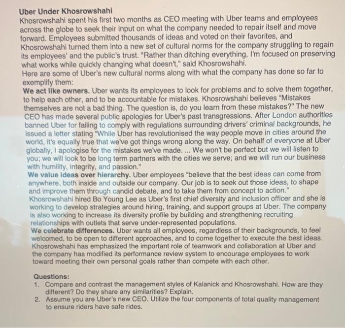 Solved Uber Continuing Case-Chapter 2: Management Theory | Chegg.com